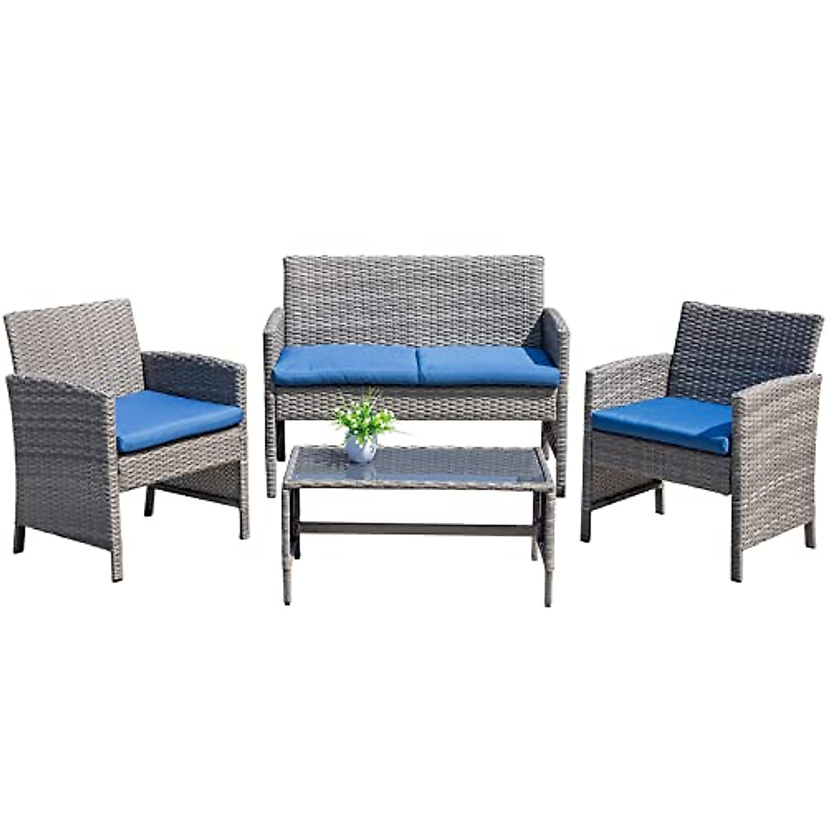 Patio PE Wicker Furniture Set 4 Pieces,All Weather Patio Conversation Sets of 2 Single Sofas,1 Loveseat and Tempered Glass Table Top,Outdoor Chat Set Conversation Set for Backyard Yard,Garden (Blue)