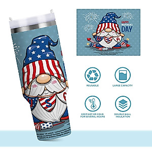Exnundod 40 oz Tumbler with Handle Patriotic Gnome with Fireworks Insulated Stainless Steel Cup with Lid and Straw 4th July Travel Cup Leak-proof Fits in Car Cup Holder for Iced & Hot