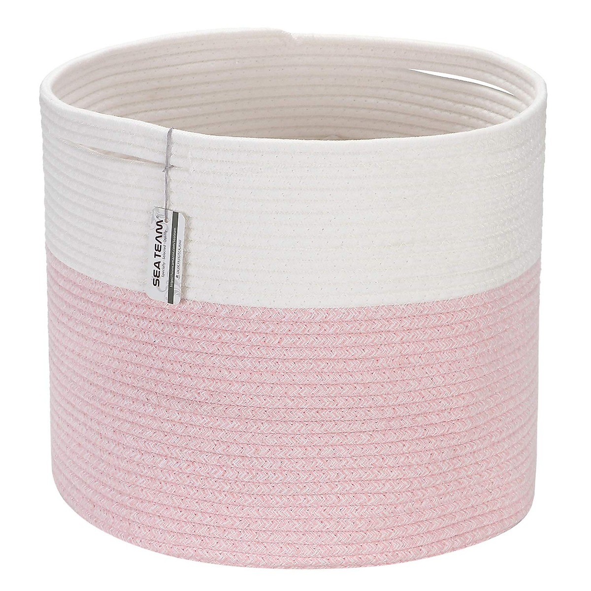 Sea Team Large Size Cotton Rope Woven Storage Basket with Handles, Laundry Hamper, Trunk Organizer, Clothes Toys Bin for Kid's Room, 15 x 13 inches, Round Open Design, White & Variegated Pink