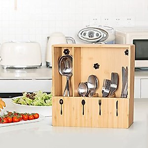 Bamboo Kitchen Utensil Holder for Countertop - Wall Mount Available - Cooking Utensil Caddy with 4 Compartments, Farmhouse Kitchen Decor, Wooden Utensil Organizer for counter