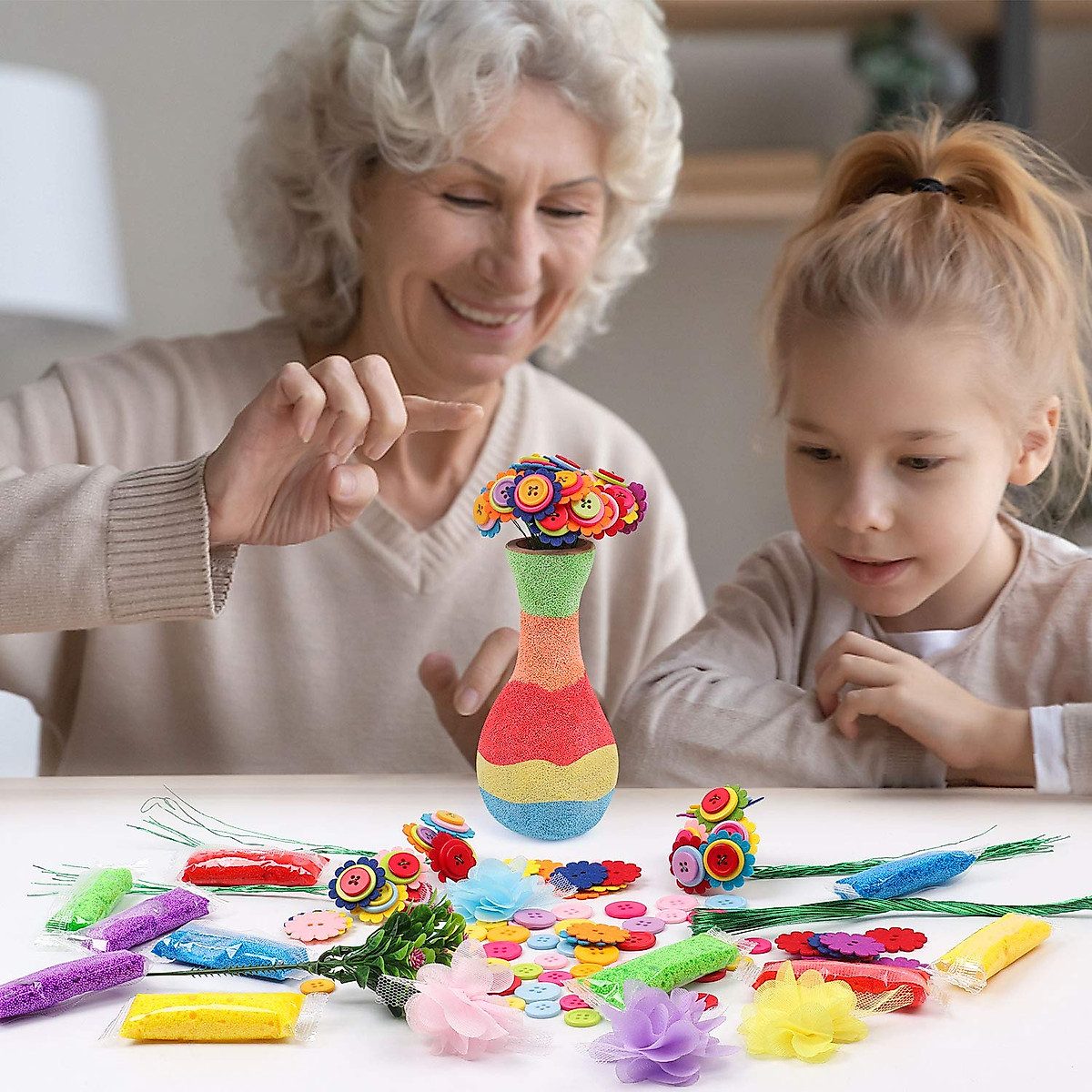 DigHealth DIY Vase with Flowers Craft Kit for Kids, Make Your Own Flower Bouquet by Buttons and Fabric, Crafts and Art Set Gift for Girls Boys Age 4 5 6 7 8 9 10 12 Years Old