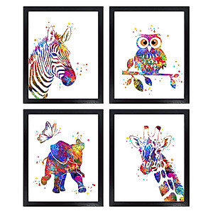 Dignovel Studios Unframed (Set of 4) 8X10 Baby Animals Watercolor Art Print Set Nursery Decor Zebra Owl Elephant Giraffe dnc8