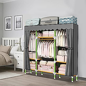 YOUUD Portable Closet 57 Inch Wardrobe Closet Clothes Organizer with 3 Storage Shelves and 3 Hanging Rods, Cloth Closet of Colored Rods Grey Cover Quick and Easy to Assemble,Strong and Durable