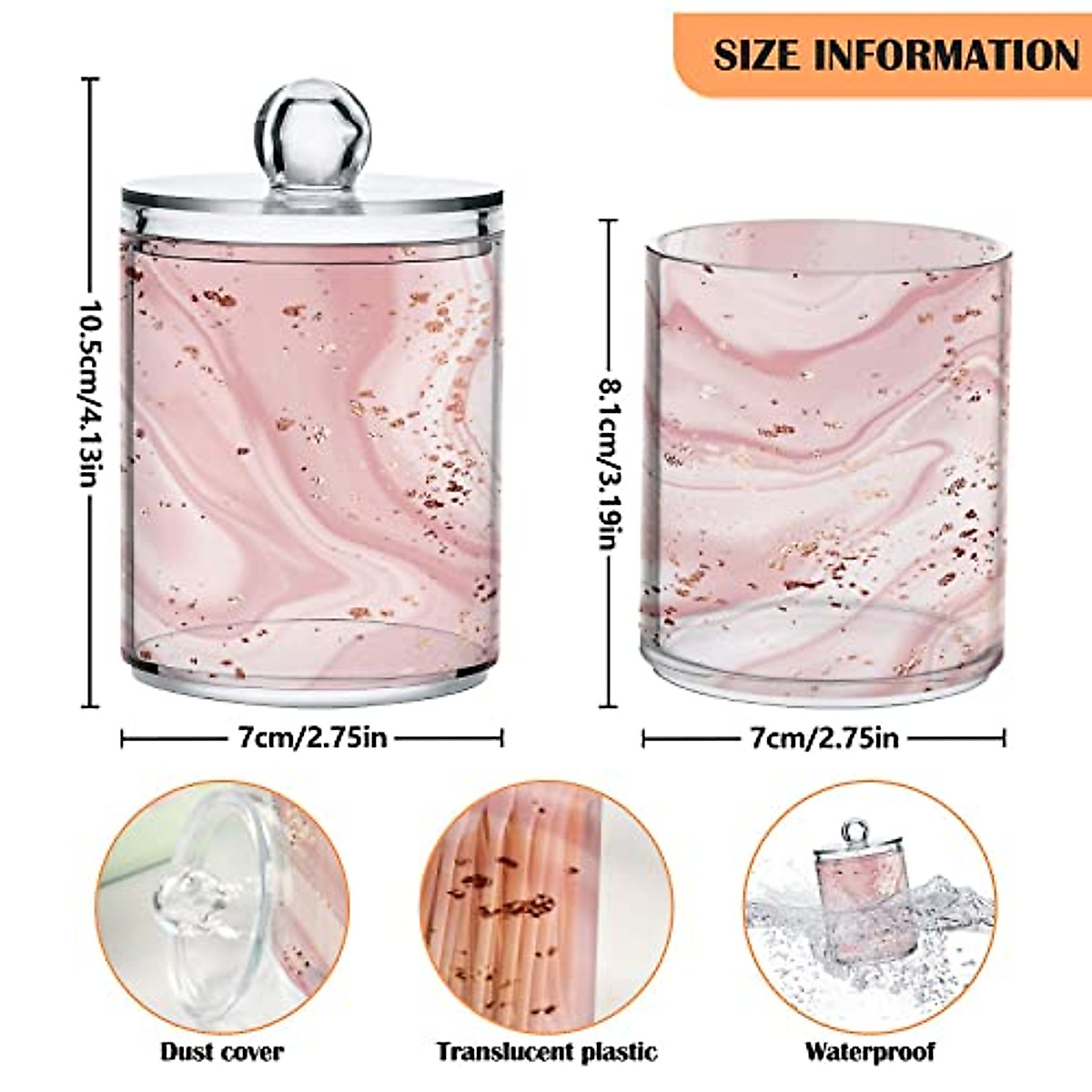 xigua Pink Marble Qtip Holder Dispenser,2 Pack Storage Canister Clear Plastic Jar with Lids for Cotton Ball,Cotton Swab -- 10 Oz#62