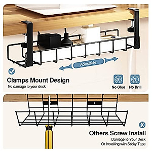 Under Desk Cable Management Tray 1 Pack, Xpatee Upgraded Wire Management No Drill, Cable Tray with Clamp for Desk Wire Management, Computer Cable Rack for Office, Home - No Damage to Desk