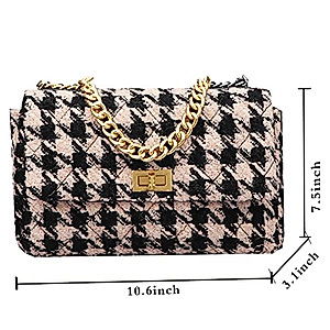 Women Houndstooth Shoulder Bag Ladies Fashion PU Leather Top Handle Woolen Cloth Crossbody Underarm Bag Satchel Purse Handbag (Coffee)