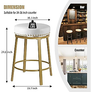 FLYZC White & Gold Bar Stools Set of 2 Counter Height 24 Inches Swivel Bar Stools for Kitchen Counter Island Backless Modern Gold Barstools Upholstered Faux Leather Round Counter Stools, White+Gold