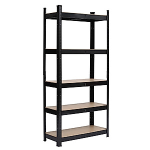 5-Tier Adjustable Storage Shelving, Heavy Duty Garage Shelves, Metal Organizer Utility Rack Large Storage Capacity Sturdy & Stable Galvanized Steel & MDF Rust-Resistant Display Goods Efficiently Black