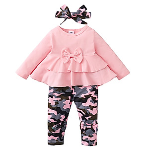 XUANHAO 12-18 Month Girl Clothes Girl Clothing Fall Winter Cute Long Sleeve Pant Sets Ruffle Tops Camouflage Pants Baby Clothes Girl 12-18 Months