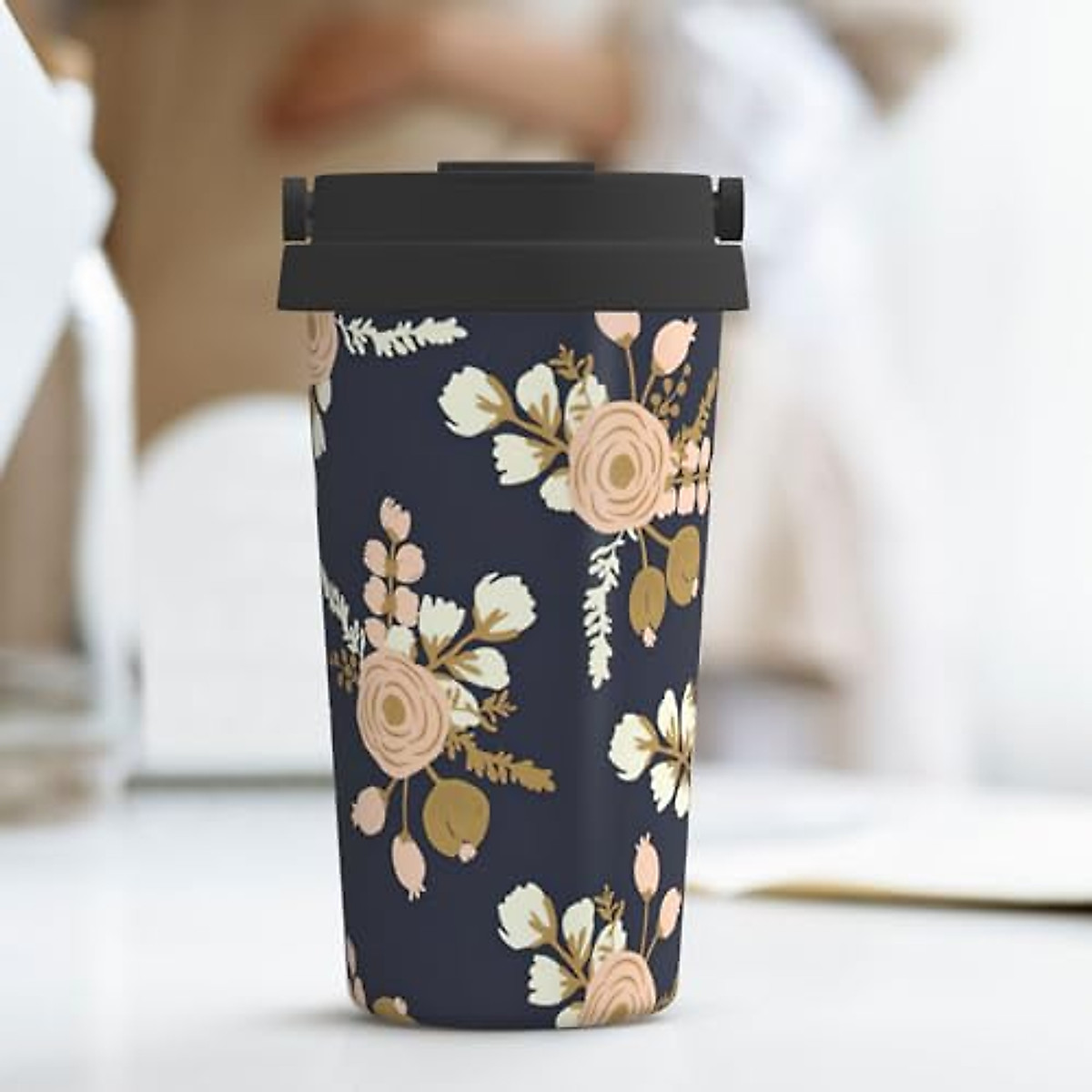 WANGXUEE Rose Floral Pattern Flower Drawn Print 500ml Stainless Steel Travel Tumbler Double Wall Vacuum Insulated Coffee Mug