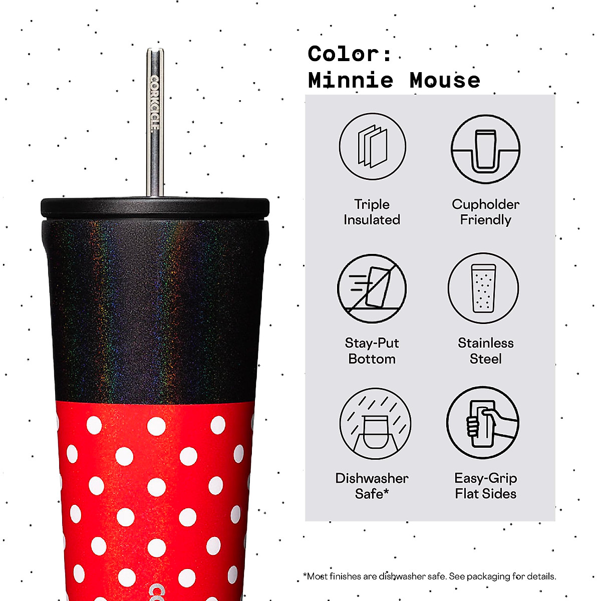 Corkcicle x Disney Minnie Mouse Cold Cup Insulated Tumbler with Lid and Straw, Polka Dot Red, 24 oz – Reusable Water Bottle Keeps Beverages Cold 12hrs, Hot 5hrs – Cupholder Friendly, Flexible Sip Lid