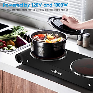 Cusimax Electric Stove, 1800W Infrared Hot Plate, 7 Inch Ceramic Glass Portable Double Burner Cooktop for Dorm Office Home Camp, Compatible w/All Cookware, Heat-up In Seconds-Upgraded Version