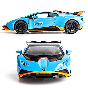 WAKAKAC Model Car 1/24 Scale Compatible for Lambo Huracan STO Die-cast Toy Vehicle Pull Back with Light and Sound Toy Car Door Can be Open (Blue)