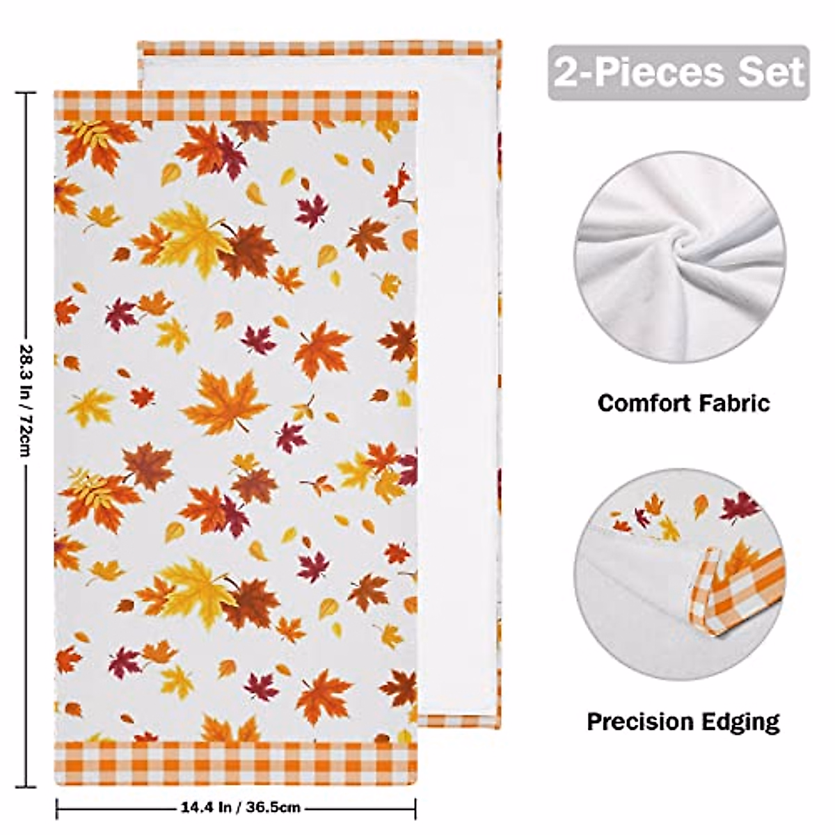 Pfrewn Fall Autumn Maple Leaves Hand Towels for Bathroom Set of 2 Orange Plaid Check Tartan Kitchen Dish Hanging Towel Absorbent Soft Thanksgiving Day Decor, 16x30 in