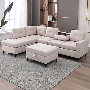 ZAFLY 101" Sectional Couch, L Shaped Sofa with Storage, Convertible Sofá 4-Seat with Reversible Chaise, Living Room Fabric Sofa Sets with Cup Holders -Beige