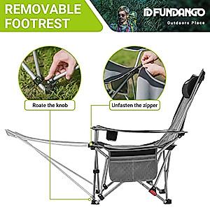 FUNDANGO Reclining Camping Chair with Foot Rest, Portable Folding Reclining Chair, Outdoor Folding Lounge Chairs with Armrest, 64.9X22.8X28.7inches, Black/MediumGrey