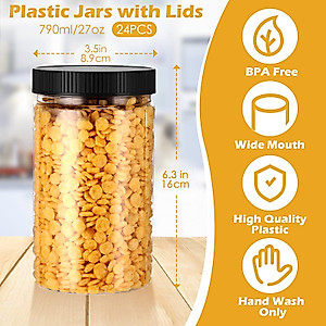 Sunnyray 24 Pieces 27 oz Clear Plastic Jars with Lids Airtight PET Plastic Containers Empty Wide Mouth Plastic Mason Jar with Black Screw on Lids for Food Kitchen Organizing Butter Cosmetics Cream