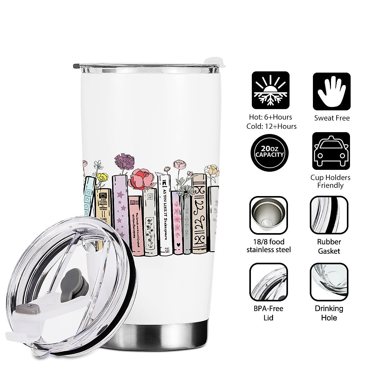 Book Lovers Gifts Stainless Steel Tumbler, Book Club Gifts Bookish Gifts Coffee Mug with Lid, 20 oz Thermal Cup Insulated Water Glasses, Book Accessories Librarian Gifts for Women Girls Teacher Sister