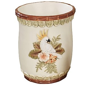Garden Tropics Wastebasket | Cockatoo and Toucan Bird Designs | Tropical Style Trash Can for Bathroom | Dimensional Accessory