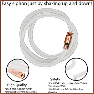 Tezam Gas Siphon Hose Pump Shaker Siphon for Gasoline Fuel Water Transfer Safe Multi-Purpose Self Priming Pump 6 Foot High Grade Hose 1/2" Valve