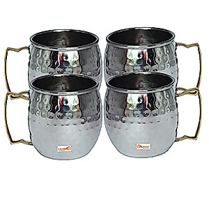 PARIJAT HANDICRAFT Stainless steel copper serving kadhai pan with steel mug and embossed brass shot jigger