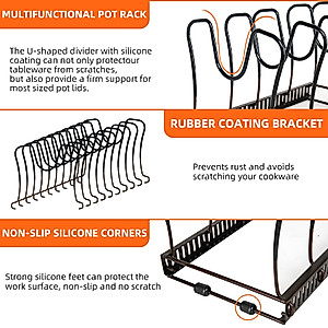 ROOHUA Pot Rack Organizer -Expandable Pot and Pan Organizer for Cabinet,Pot Lid Organizer Holder with 10 Adjustable Compartment for Kitchen Cabinet Cookware Baking Frying Rack,Bronze