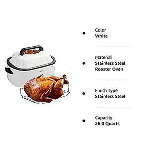 Electric Roaster, Roaster Oven 26 Quart with Self-Basting Lid, Turkey Roaster Oven with Removable Pan and Rack, Adjustable Temperature Control Powerful 1450W Stainless Steel Roaster Oven, White