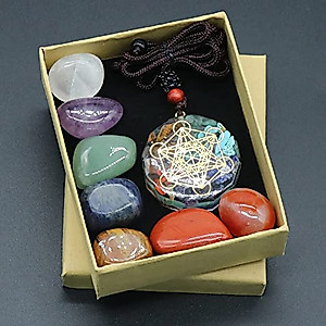 HXSCOO 7 Chakra Stones Healing Crystals Metatron Cube Resin Pendant Spiritual Enhance Set Gift Box (Color : with Gift Box)