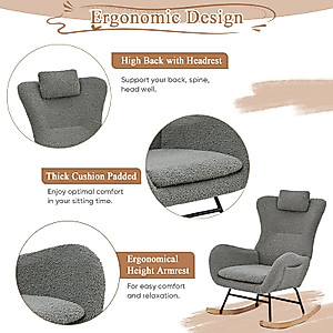 KINFFICT Accent Rocking Chair, Tufted Upholstered Glider Rocker for Nursery, Comfy Armchair with Side Pockets, Modern Lounge Arm Chair for Living Room, Bedroom (Upgraded Teddy Gray)