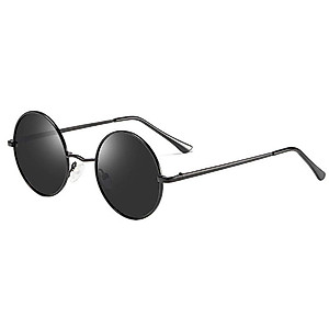 Dollger Round Polarized Sunglasses for Men Women Retro Metal Frame Black Small Circle Hippie Sunglasses