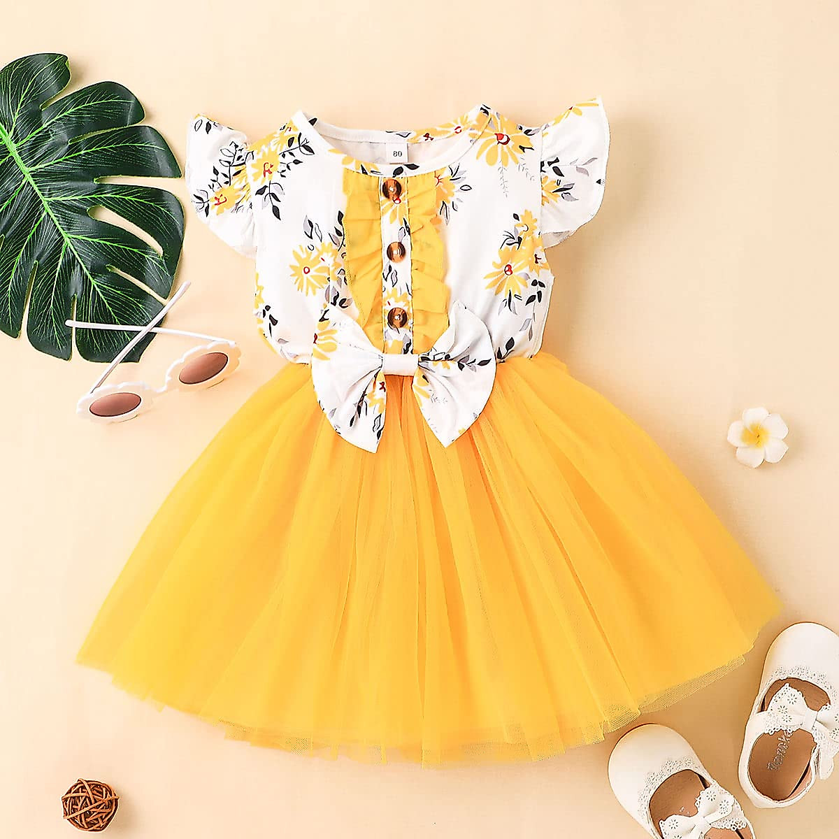 Onththr Toddler Baby Girls Tutu Dress Ruffle Sleeveless Splicing Floral Princess Dresses Summer Clothes Outfits (2T, Yellow)