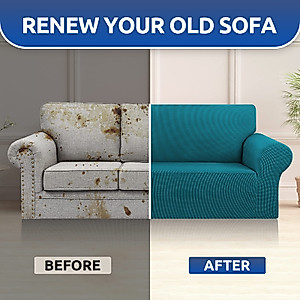 KEKUOU Stretch Oversized Sofa Slipcover 1 Piece Couch Sofa Cover (94"-110") Furniture Protector 4 Seater Sofa with Elastic Bottom for Kids,Pet.Jacquard Checked Pattern Fabric(X Large,Peacock Blue)