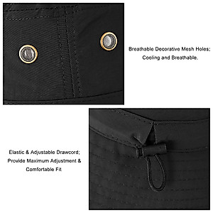 DOCILA Black Bucket Hat for Men Women with Vent Holes Waterproof Fishing Camping Cycling Sun Hat Packable Outdoor Fast-drying Strings Fisherman Cap