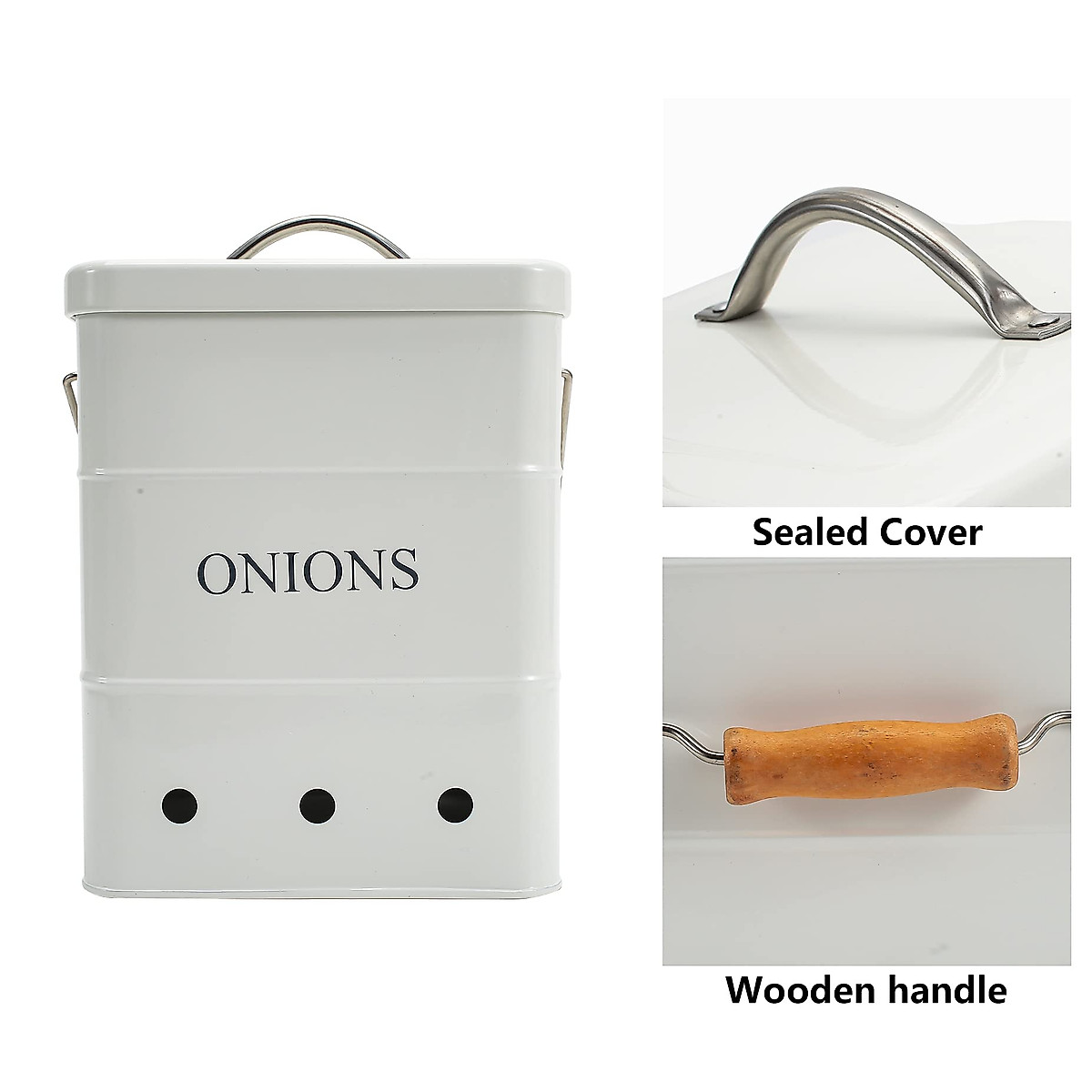 Xbopetda Onion Storage Bin, Metal Storage Tin for Onion, Kitchen Storage Canister with Aerating Tin Storage Holes - Kitchen Pantry Organizer Tin Vegetable Fresh Keeper (White)