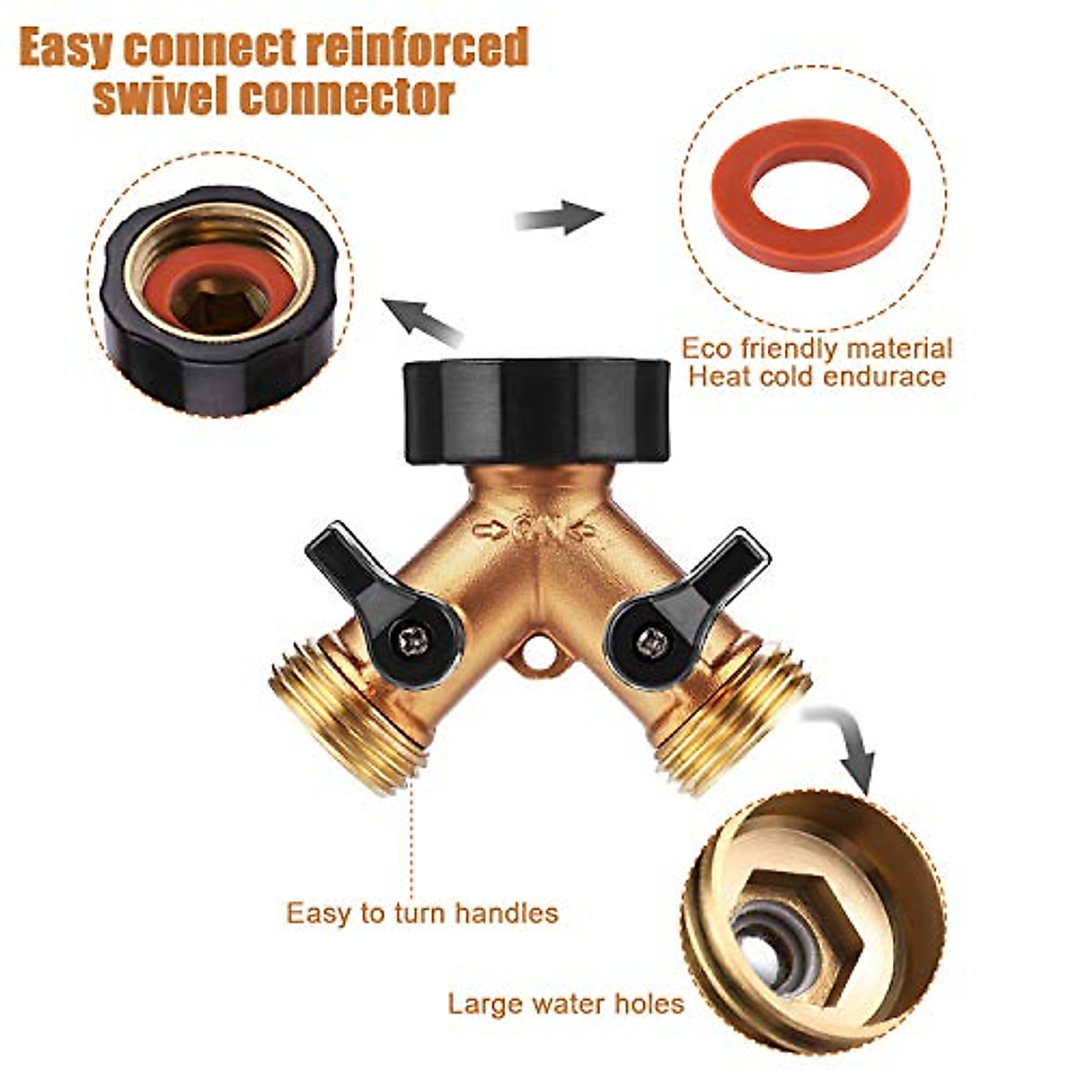 madeking water hose splitter 2 way heavy duty, brass 2 way hose splitter, Bolted & Threaded. garden hose splitter Easy Grip to 2 hose connector,Long Handles hose y valve,Outdoor Faucet splitter