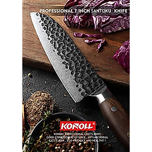 KONOLL Santoku Knife Janpan Chefs Knife Cleaver 7-inch Forged Handmade Professional Kitchen Knife, German High Carbon Steel (7-inch Santoku Thunder-K Series)