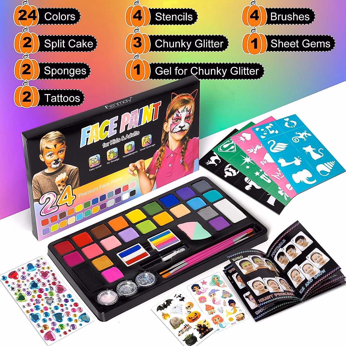 Fenmay Face Painting Kit for Kids, 24 Colors Washable Face Paint, Safe for Sensitive Skin, Non-Toxic Professional Face Painting Kit, Halloween Birthdays Makeup Set with Stencils, Guide Book