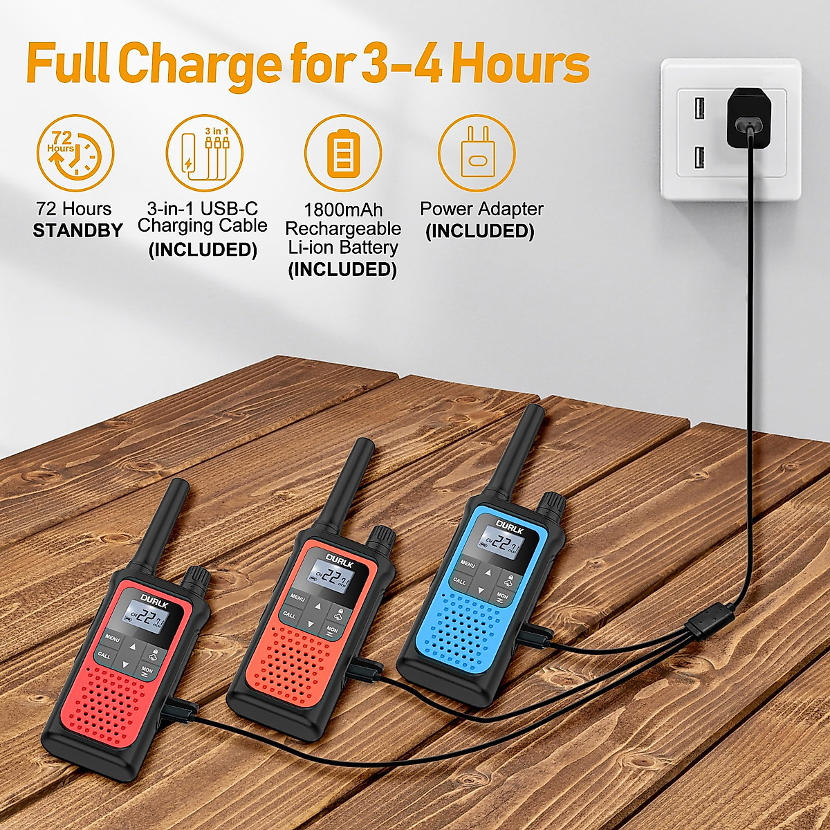 Walkie Talkies for Adults 3 Pack,Two Way Radios Long Range Rechargeable Walkie Talkies with Earpiece Jack Bulit-in 1800mAh Li-ion Battery,22 FRS Channels,LED Flashlight,USB Charger,NOAA Walky Talky
