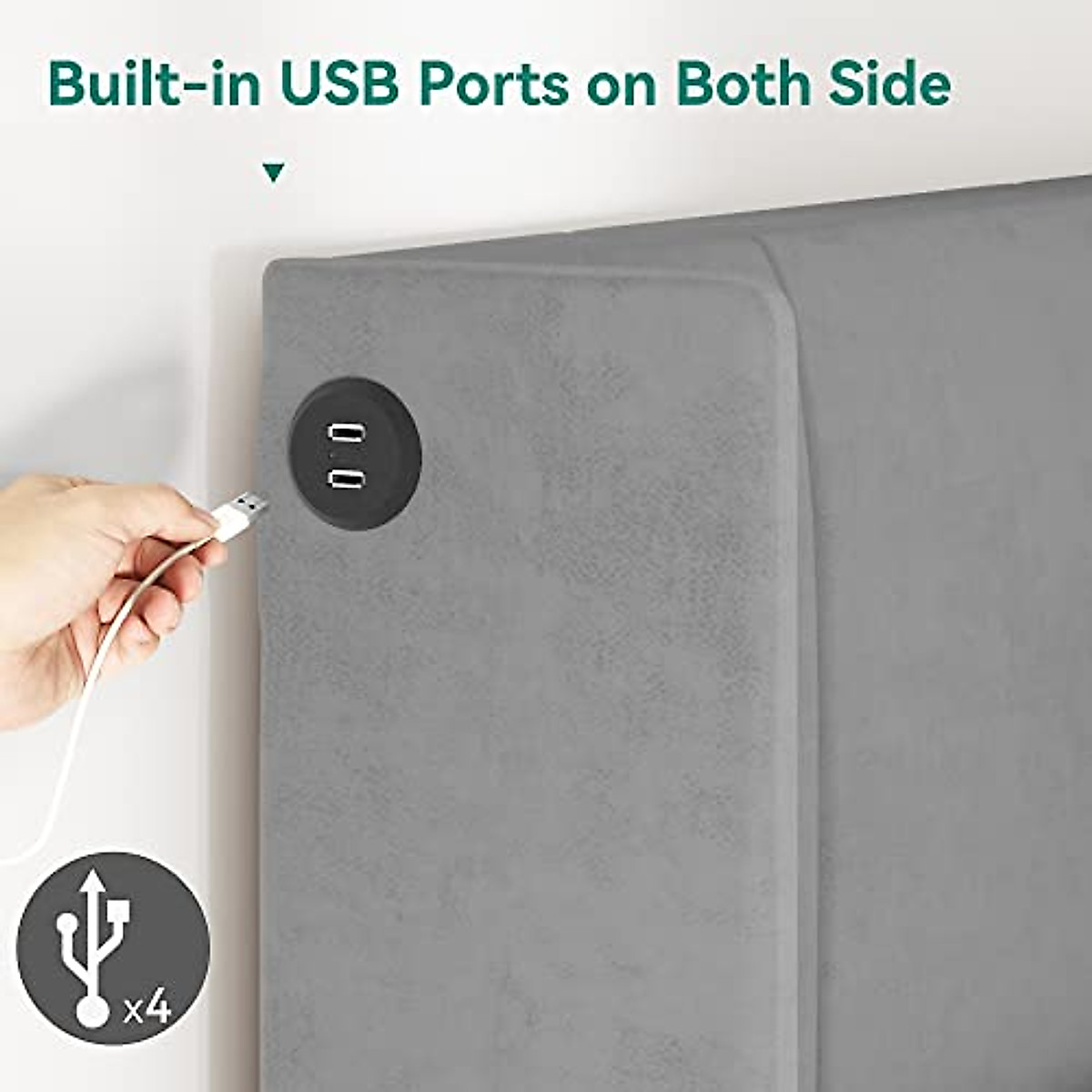 YITAHOME Queen Bed Frame with Storage Drawers, Upholstered Headboard, USB Charging Ports, Wood Slats Support, Grey