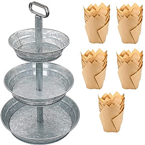 FRANK PRESSIE 3 Tiered Serving Stand Farmhouse Decor Galvanized Metal 3-Tiered Tray for Party Rustic Three Tier Grey Basket with 50pcs Tulip Cupcake Liners, Silver