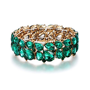 EVER FAITH Women's Costume Jewelry Crystal 2 Layer Teardrop Stretch Bracelet for Prom Party Green Antique Gold-Tone