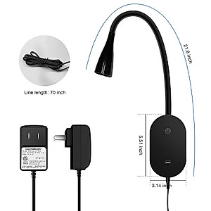 Wall Reading Light, Book Light for Reading in Bed, Touch Control USB Output Modern Reading Lamp,5 Dimmable LED Flexible Gooseneck 4000k Bed Lights, Easy to Install Black