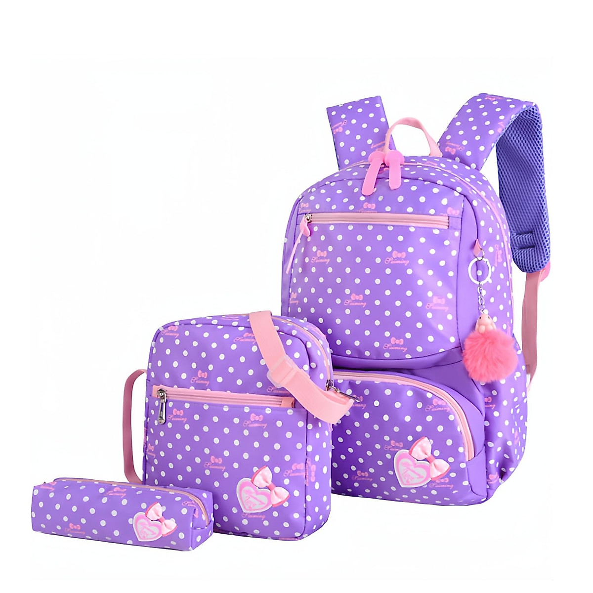 3Pcs Kids Backpack Bowknot Printed Daypack Girls 3 in 1 School Bag with Shoulder Bag and Pencil Bag