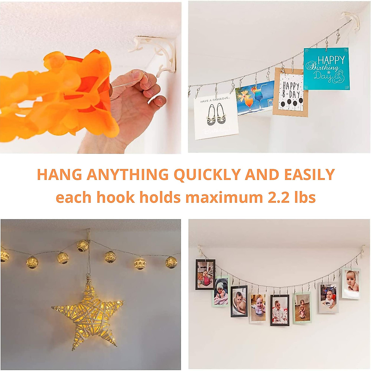 Wididi 4-Pack | Easy Up Reusable Multi-Purpose Utility Hooks Hang Decorations, Garlands, String Lights, Posters | Easy to Mount and Remove No Tools | Dorm and Home Office Decor Essentials