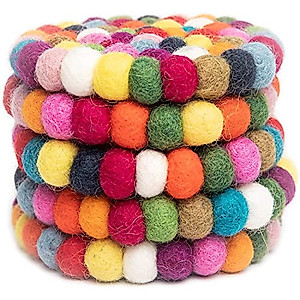 Round Felt Ball Coasters - Hand Felted in Nepal - Multi-Color Set of 5-100% Merino Wool - Water-Wicking, Stain-Resistant, Absorbent