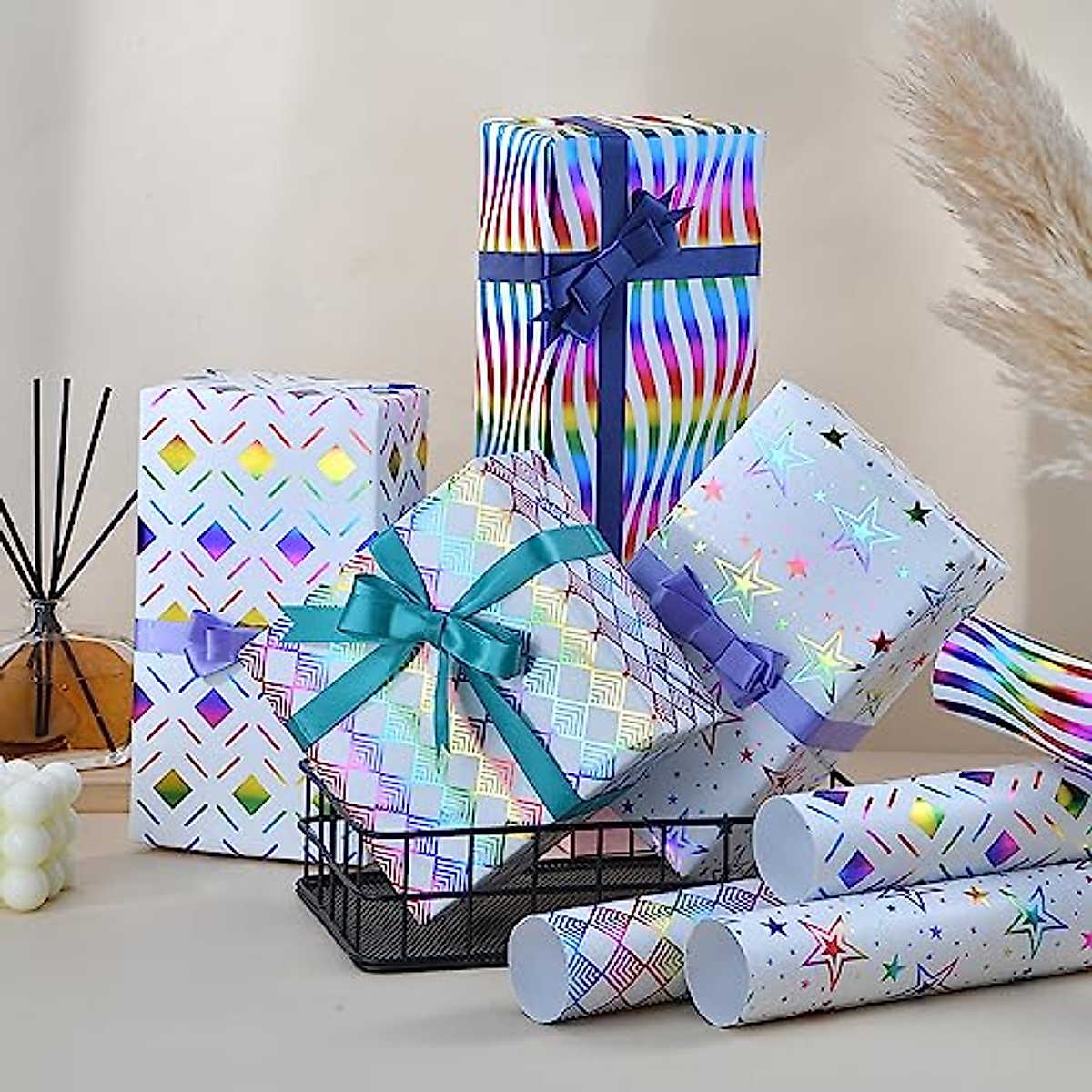 Birthday Wrapping Paper Sheets, 8 Sheets Gift Wrapping Paper with 8 Different Colorful Designs for Birthday,Bridal Baby Shower, Weddings, Graduations, Christmas, Women, Men, Boy, Girls.