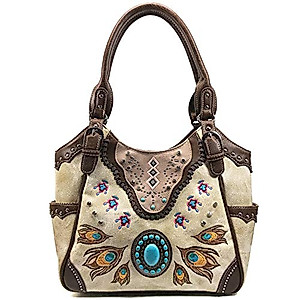 Zelris Turquoise Stone Concho Peacock Feather Women Conceal Carry Tote Purse Set (Beige)