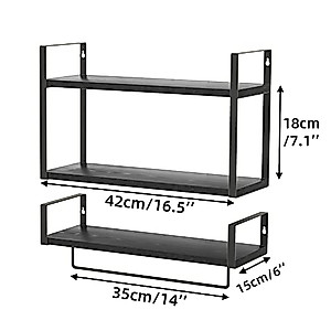 ZGO 2+1 Tier Floating Shelves Wall Mounted Set of 2, Rustic Wood Wall Shelves with Metal Frame Tissue Rack and Towel Bar for Bedroom, Bathroom, Living Room, Kitchen, Storage & Decoration, Black