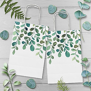 HOME & HOOPLA Spring Greenery Watercolor Green Leaf Paper Gift Bags and Party Favor Bags, 5.25"x3.5"x8.25" (12 Pack)