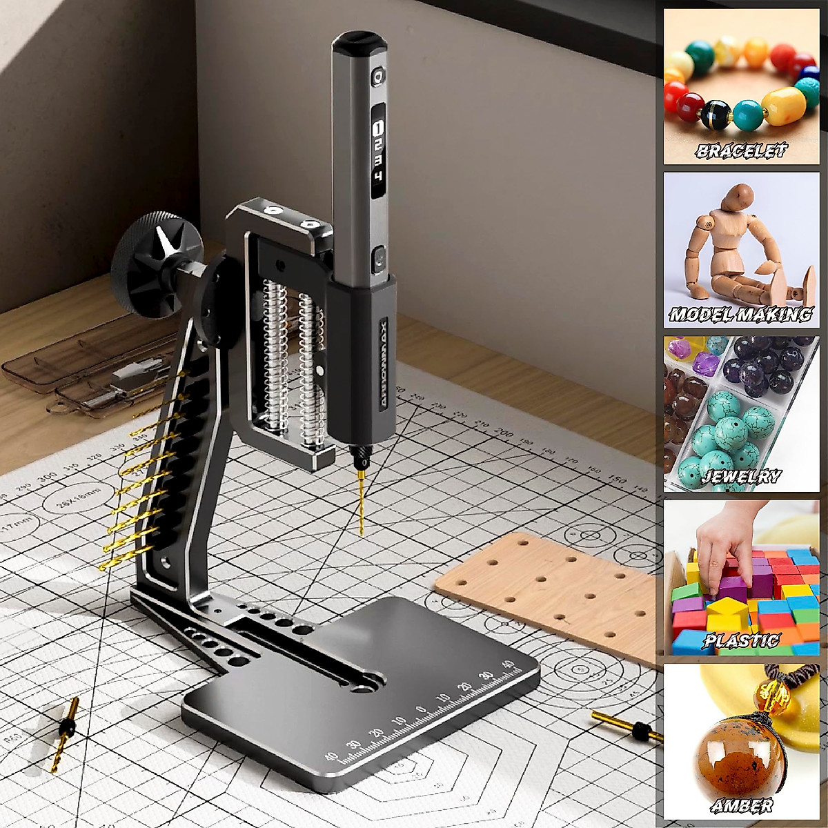 AM ARROWMAX 4-Speed Electric Mini Drill Pen with Hedgehog Benchtop Press & Electric Cordless Rotary Tool, 10 Small Drill Bits with Aluminium Box, OLED Display, LED Lights, 3/32-Inch Keyless Chuck